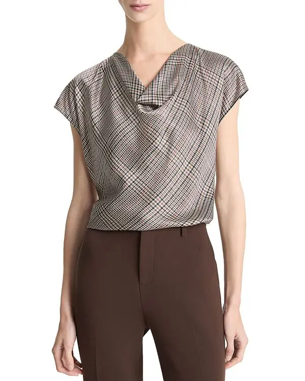 Vince Pressed Plaid Cowlneck Silk Top - Multi Plaid