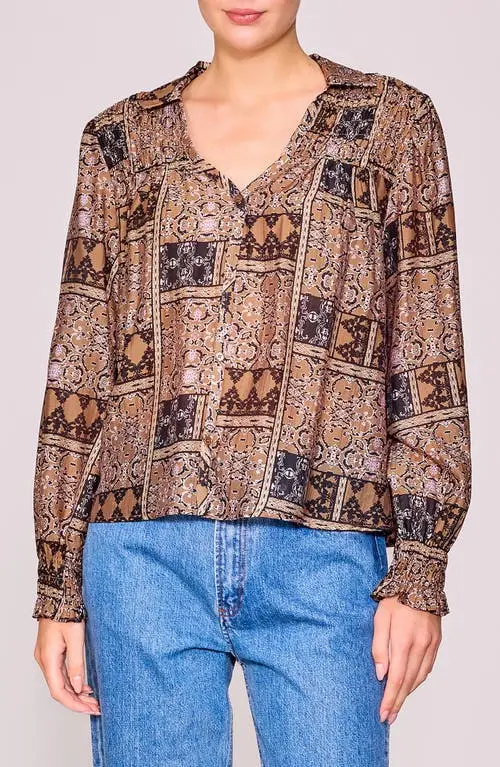 MELLODAY Printed Button-up Shirt - Dark Taupe Patchwork