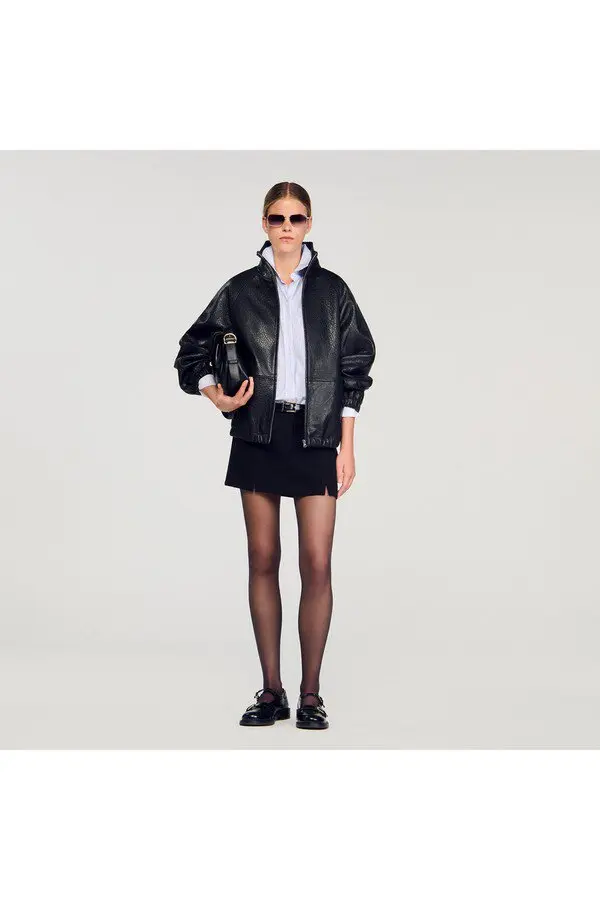 Sandro Oversized Leather Jacket - Black