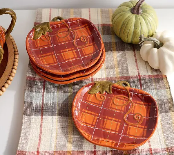 VALERIE PARR HILL Shwk 9/22 Set Of 4 Ceramic Pumpkin Plates Valerie