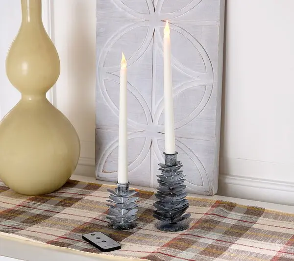 HOME REFLECTIONS S/2 Pinecone Taper Holders With Candles