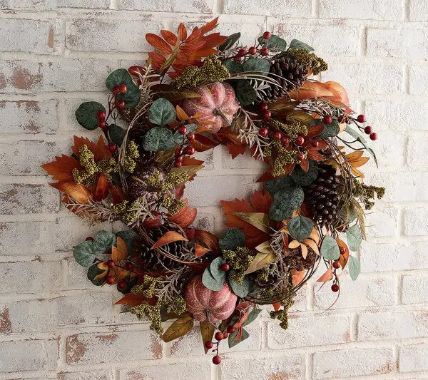VALERIE PARR HILL 24' Pumpkin, Pinecone And Leaf Wreath Valerie