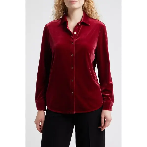 Anne Klein Long Sleeve Velvet Button-up Shirt - Red Ruby