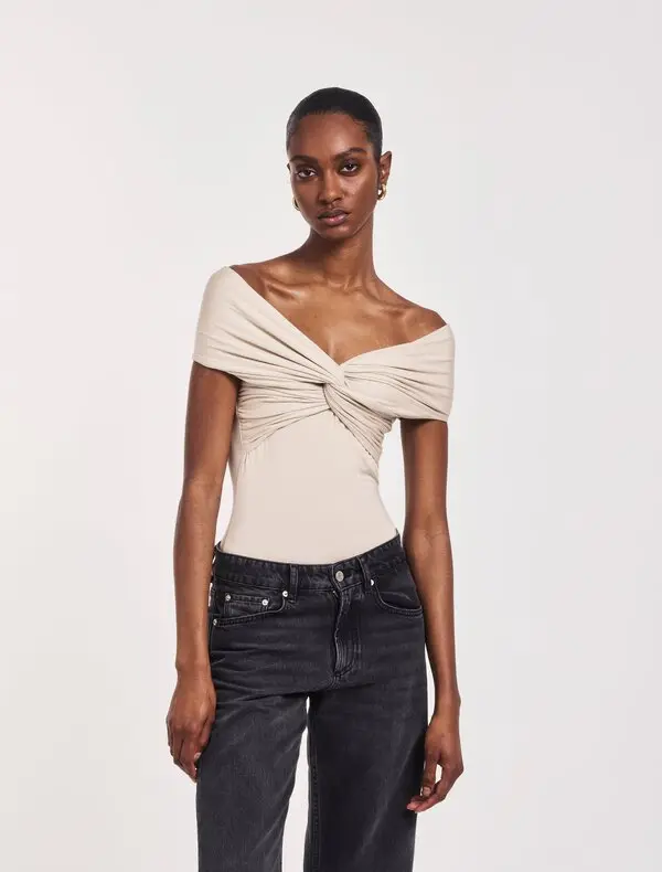 NINETY PERCENT Laila Twist Front Bodysuit - Enoki Mushroom