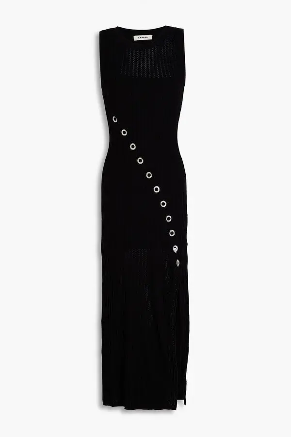 Sandro Embellished Ribbed Pointelle-knit Midi Dress