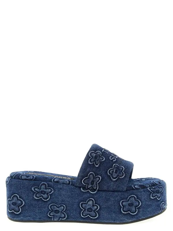Marc Jacobs Puffy Daisy Denim Platform Slides - Blue