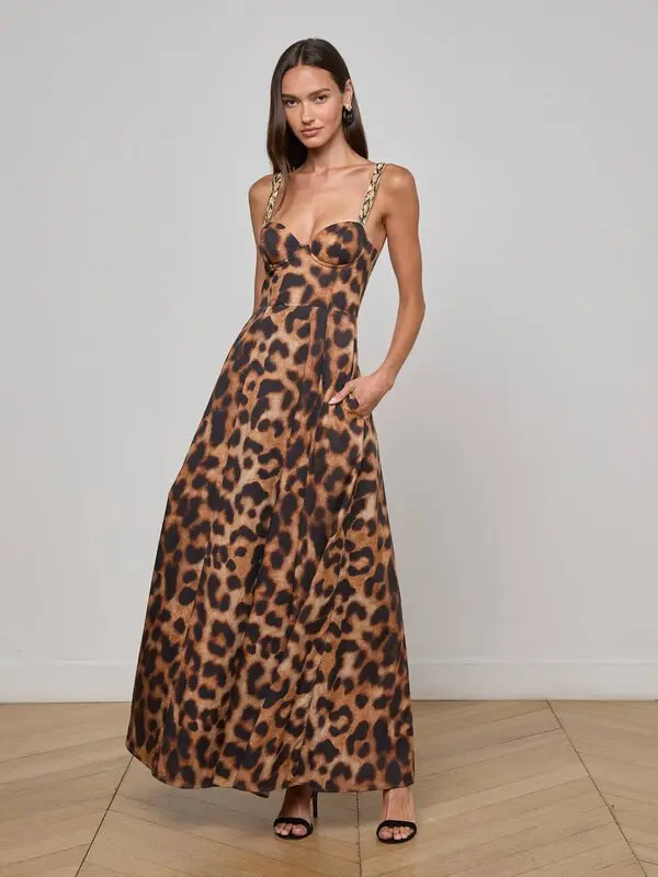 L'Agence Sutton Beaded Strap Maxi Dress - Tan/black Large Leopard