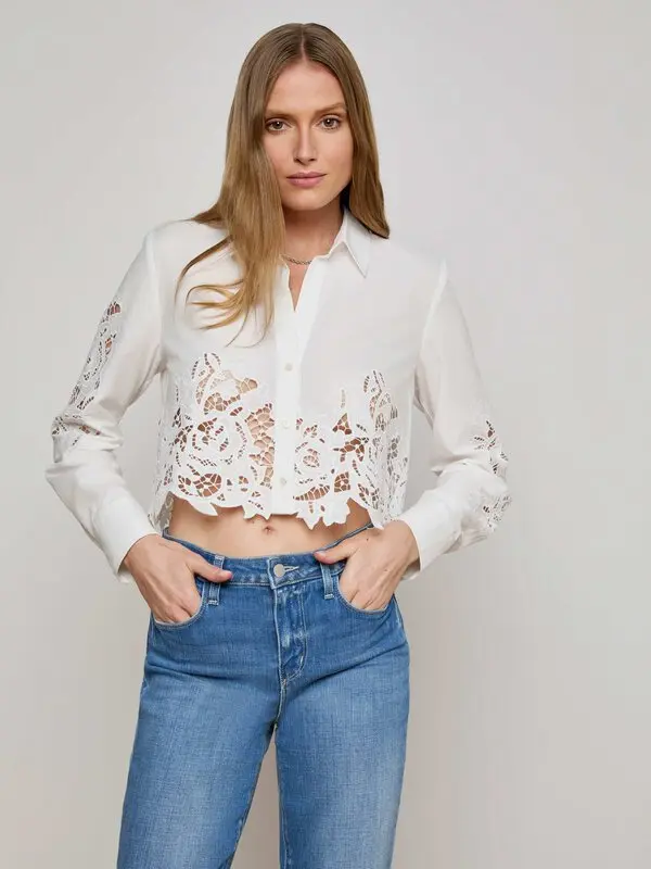 L'Agence Seychelle Cropped Eyelet Blouse - White