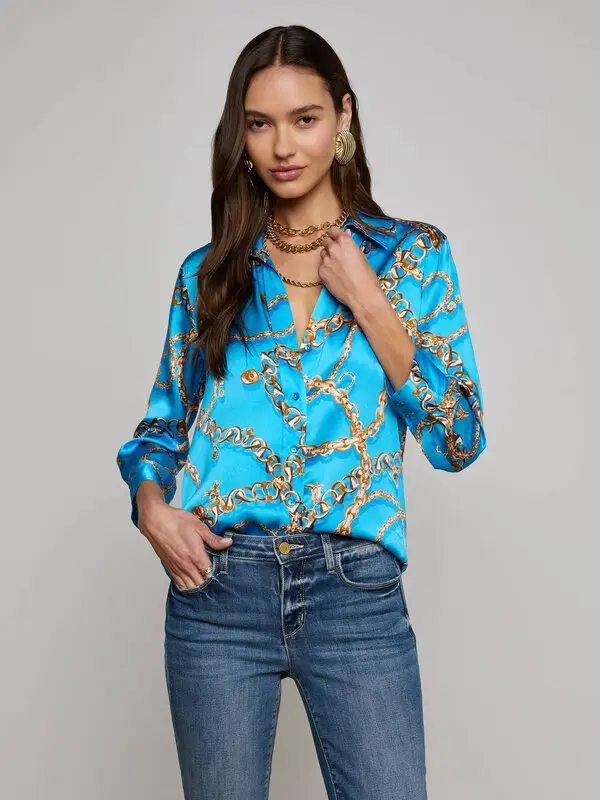 L'Agence Dani Silk Blouse - Dresden Blue/gold Multi Southwest Chain