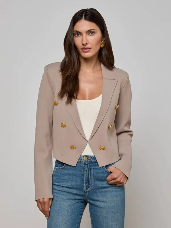 L'Agence Elio Cropped Knit Blazer - Pale Khaki/gold