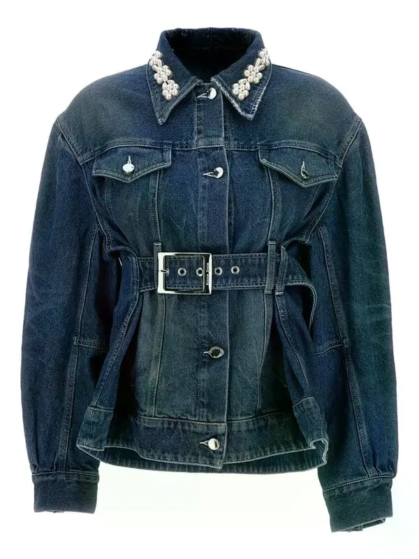 Simone Rocha Pearl-embellished Belted Denim Jacket - Blue