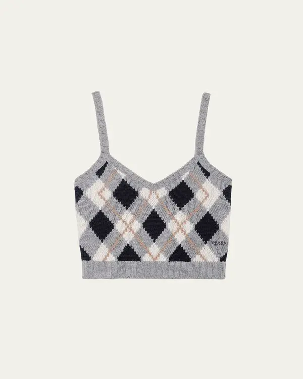 Prada Cashmere Argyle Knit Crop Tank Top - Grigio