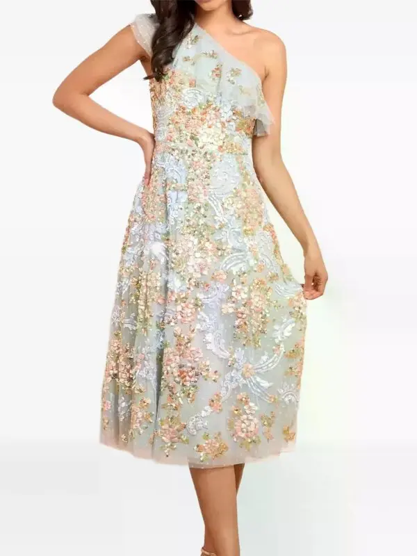 NEEDLE & THREAD Ruffled One-shoulder Sequin-embellished Midi Dress