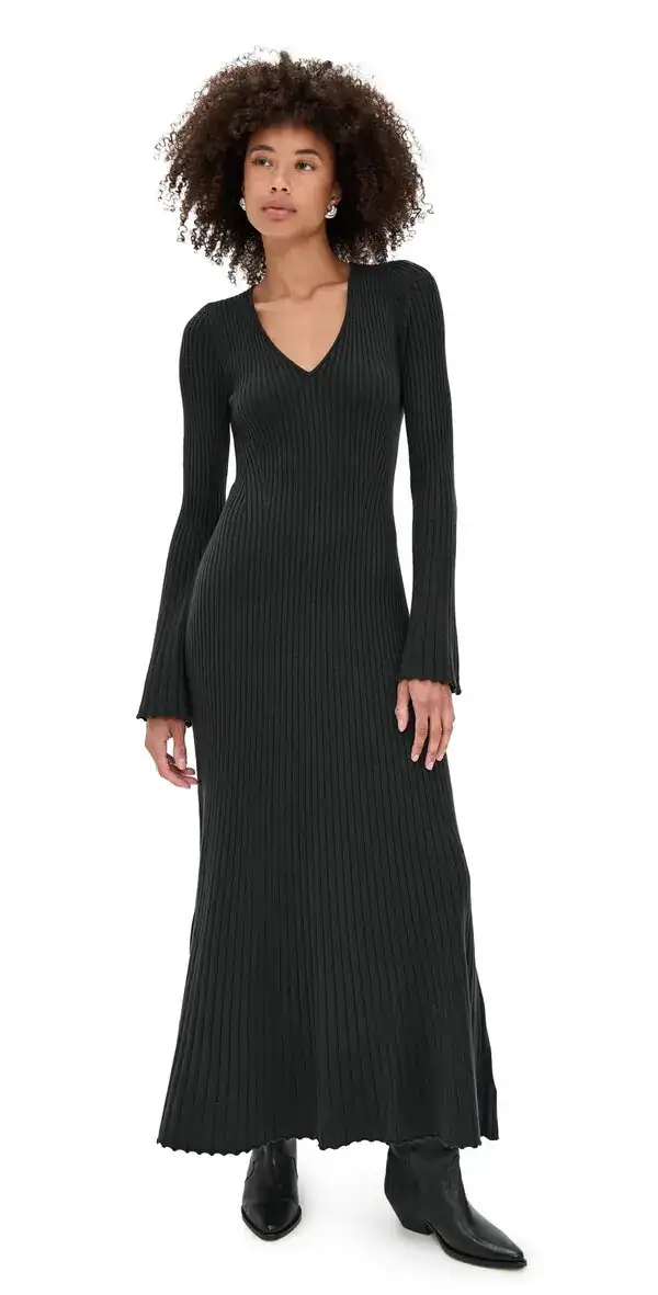 Paige Ribbed Knit Midi Dress With Bell Sleeves In Midnight - 70% Off |  Editorialist