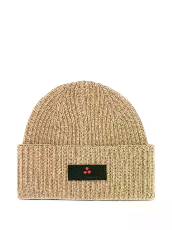 Peuterey Ribbed Knit Beanie With Logo Plaque - Neutrals