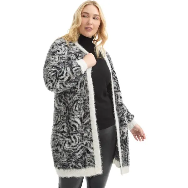 JUNE + VIE Leopard-print Eyelash Cardigan - Painted Zebra Black White