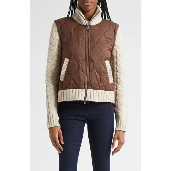 Veronica Beard Patra Quilted Mixed Media Jacket - Mocha Heathered Sand