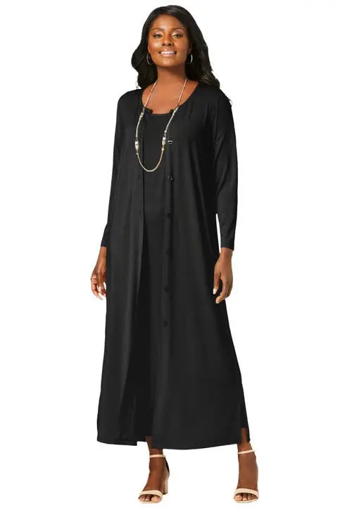 JESSICA LONDON Two-piece Stretch Knit Duster Set - Black