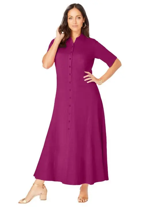JESSICA LONDON Stretch Cotton Button Front Maxi Dress - Raspberry