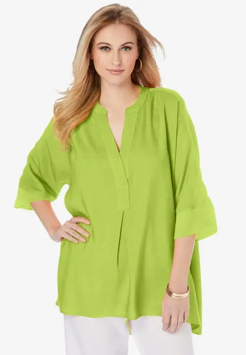 JESSICA LONDON Hi-low Linen Tunic - Dark Lime