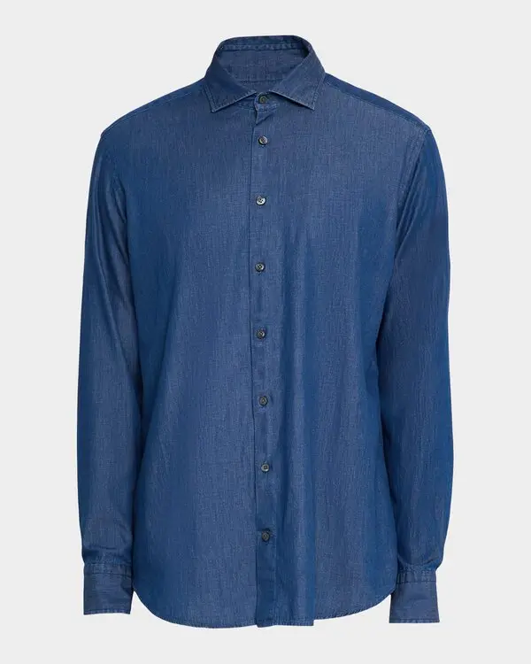 Neiman Marcus Denim Spread-collar Sport Shirt - Dark Blue Wash