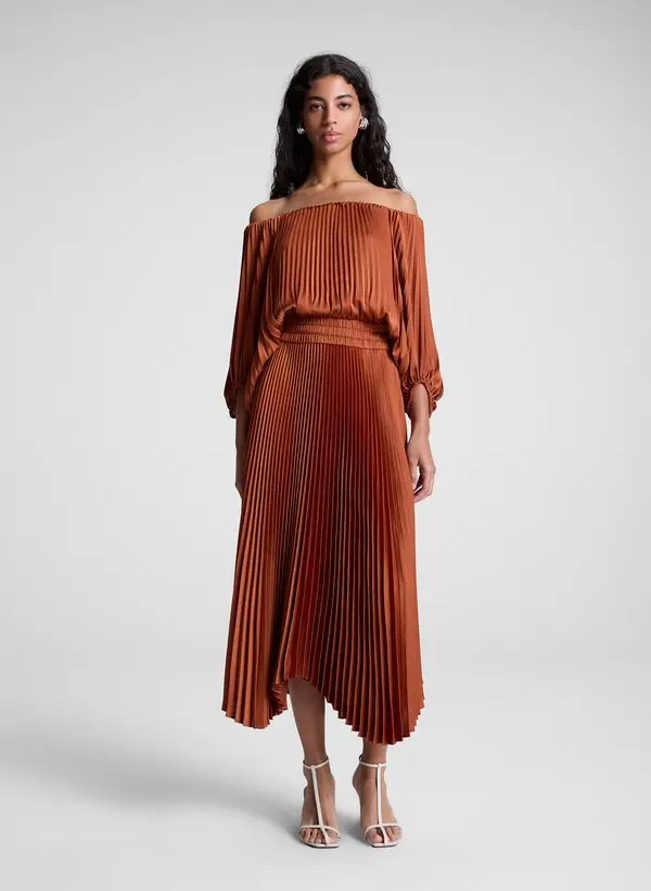 A.L.C. Sienna Satin Pleated Midi Dress - Red Rock