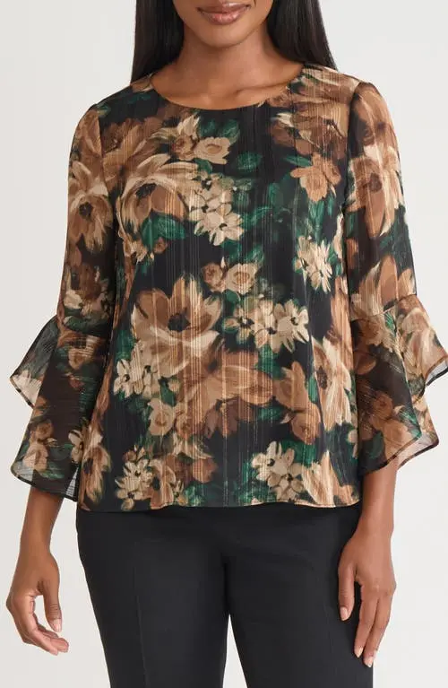 KASPER Metallic Ruffle Sleeve Top - Evergreen Multi