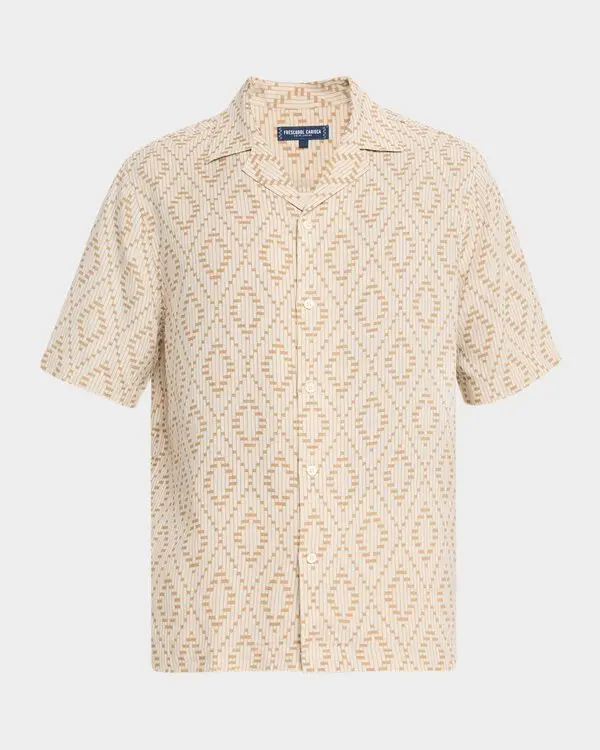 Frescobol Carioca Roberto Linen Angra Raffia-print Camp Shirt - Ecru & Beige