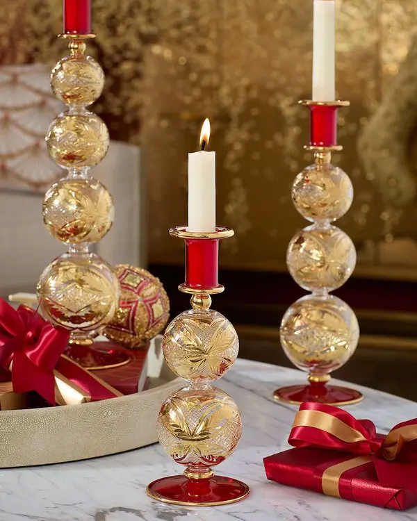Neiman Marcus 8.8" Red And Gold-tone Candle Holder