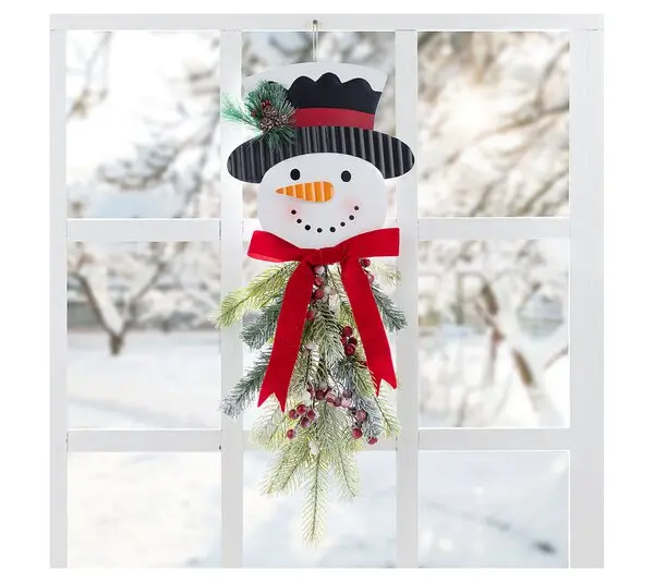 GLITZHOME 25'h Greenery Snowman Door Hanger