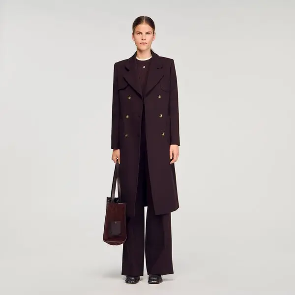 Sandro Structured Long Double-breasted Coat - Brown