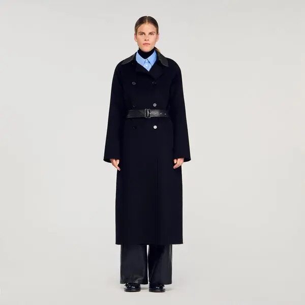 Sandro Long Wool Coat With Lamb Leather Collar - Black