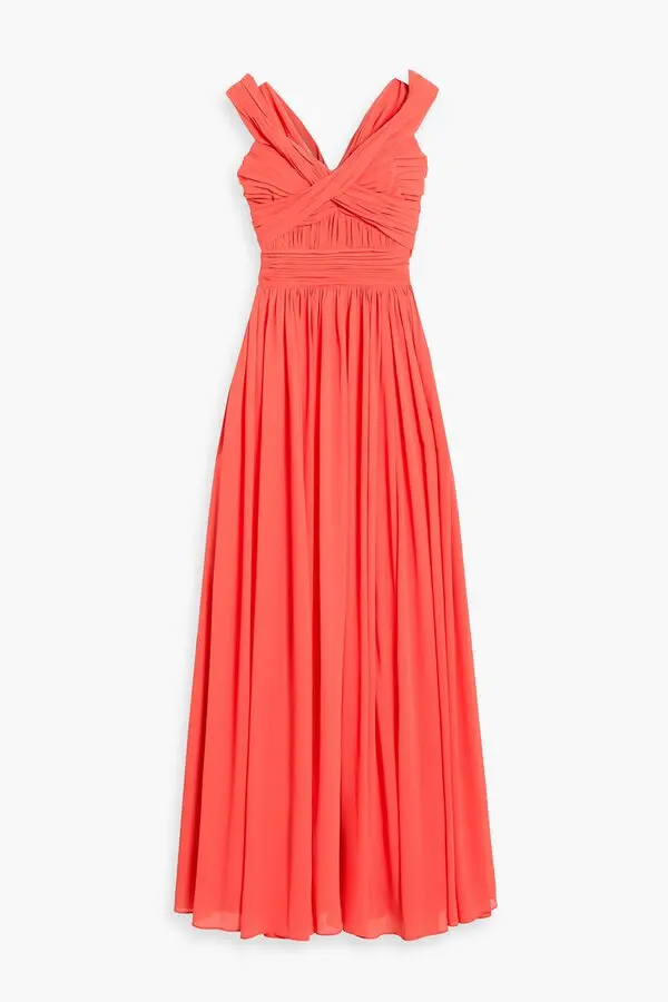 Badgley Mischka Off-the-shoulder Pintucked Georgette Gown