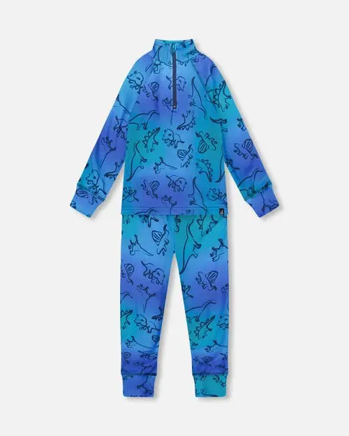 DEUX PAR DEUX Two-piece Thermal Underwear Set Dinosaur - Blue Gradient