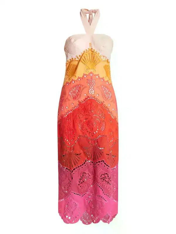 Farm Rio Embroidered Eyelet Halter-neck Midi Dress - Neutrals