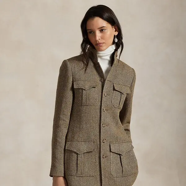 Ralph Lauren Linen-blend Herringbone Mockneck Jacket - Brown/cream Herringbone