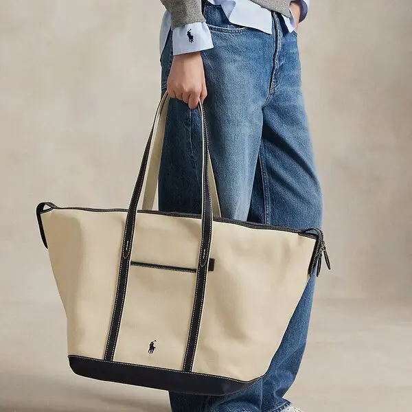 Ralph Lauren Leather-trim Canvas Large Shopper Tote - Ecru/navy