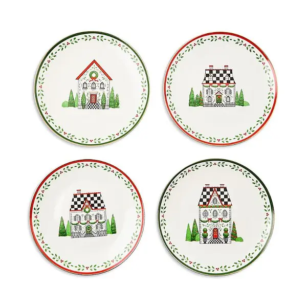 MACKENZIE-CHILDS Holly Village Ceramic Dessert Plates, Set Of 4