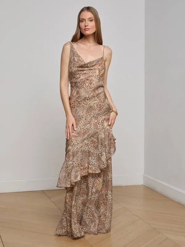 L'Agence Viola Silk Gown - Brown/blue Valencia Leopard