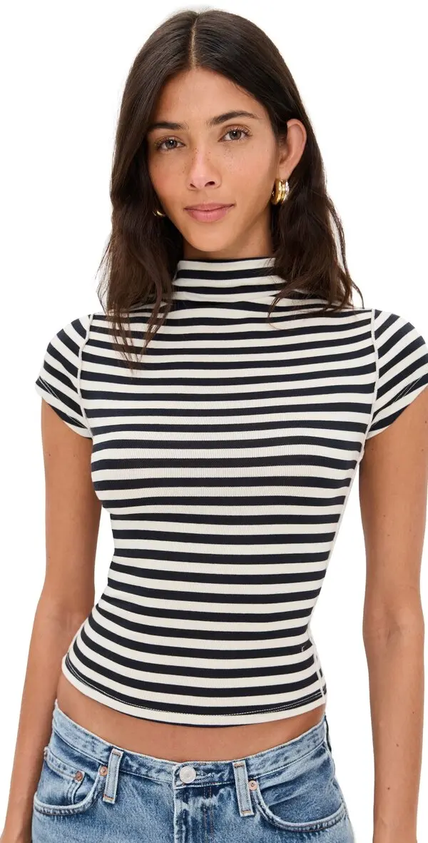 Free People Striped Mock Neck Tee - B&w Stripe
