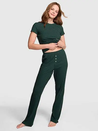 Pink Wide-ribbed Long Pajama Set - Green