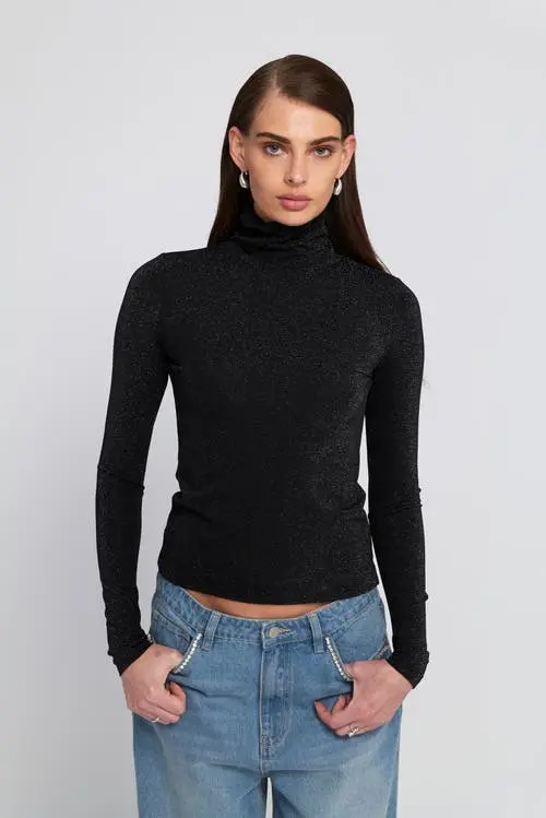 ELLE COLLECTION Knit Turtleneck Top - Sparkle Black