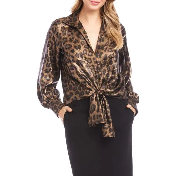 Karen Kane Tie Front Metallic Top - Leopard