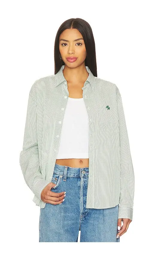 MOTEL MARGARITA Newport Long Sleeve Button Up Shirt - White & Forest
