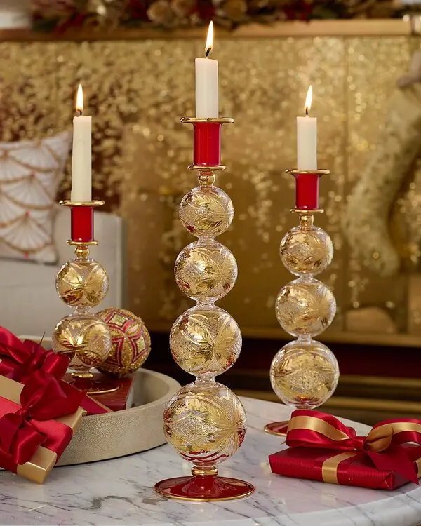 Neiman Marcus 14" Red And Gold-tone Candle Holder