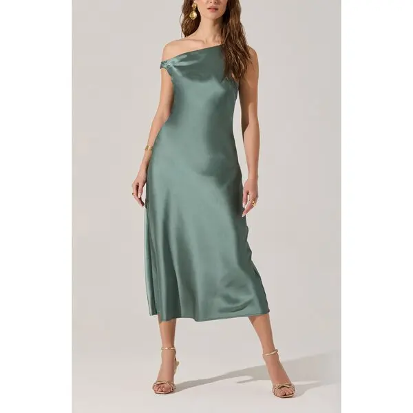 Astr The Label Elain One-shoulder Satin Dress - Sage