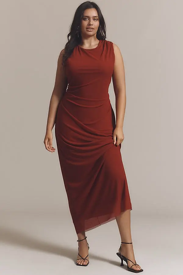 NIA Sleeveless Ruched Mesh Midi Dress