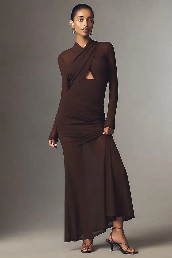 Bardot Veria Long-Sleeve Wrap Mesh Maxi Dress Chocolate