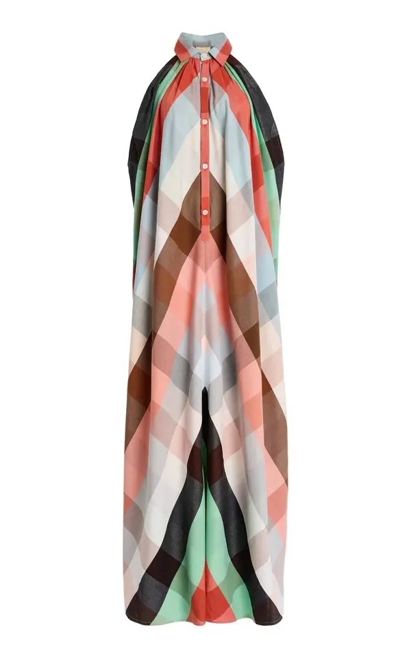 MARRAKSHI LIFE Halter Collared Plaid Cotton Maxi Dress - Multi