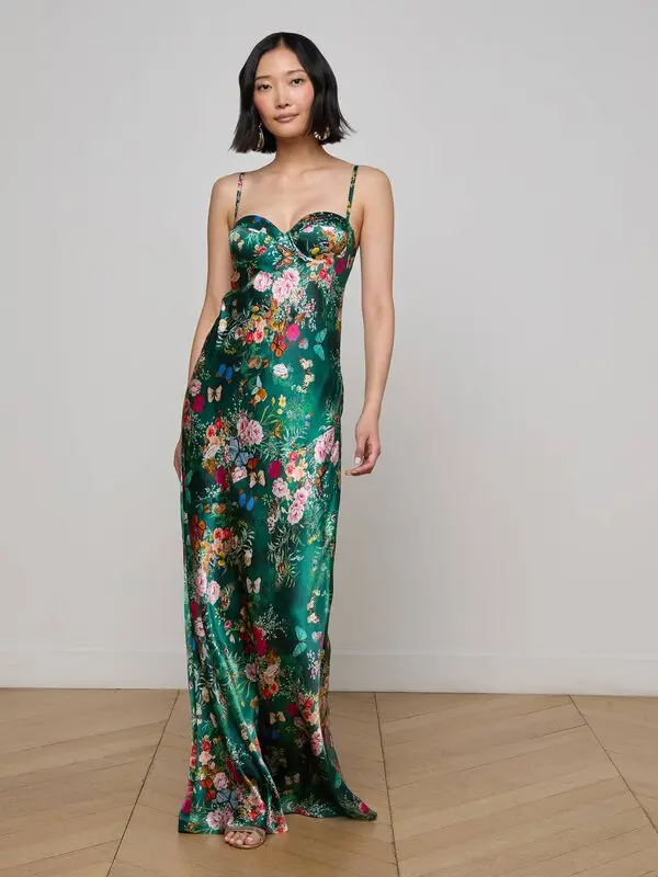 L'Agence Sayla Silk Gown - Bottle Green Multi Charonda Butterfly